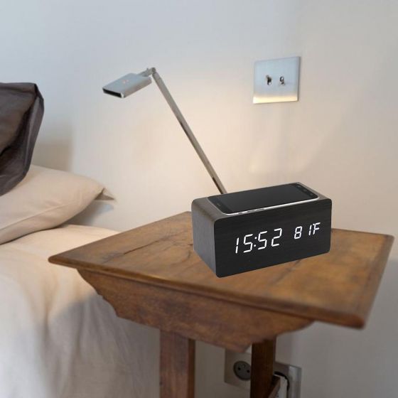 Wooden LED Digital Alarm Clock with Qi Charging